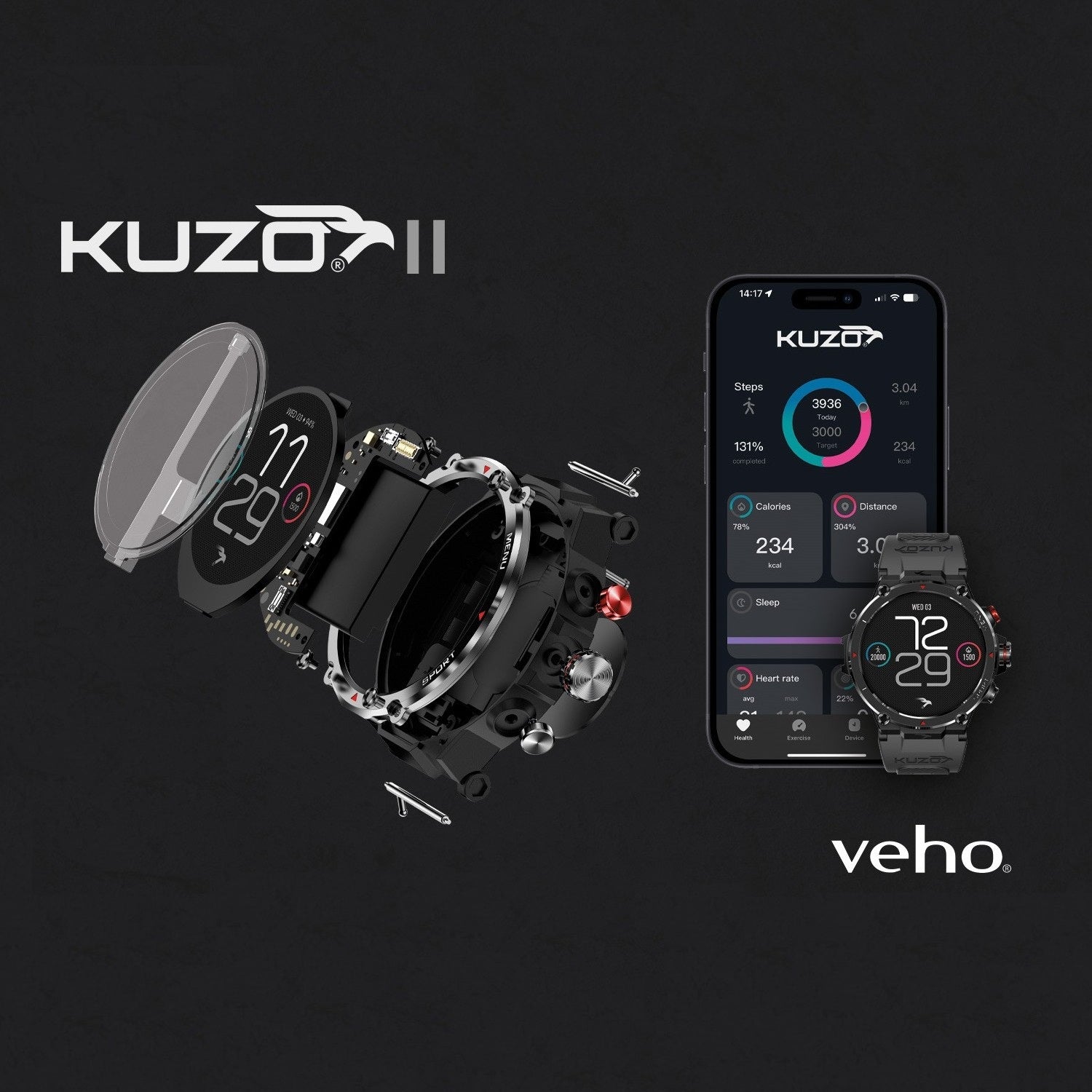 Veho Kuzo II F2-S Sports Smart Watch with GPS - Black – Microcel Portal
